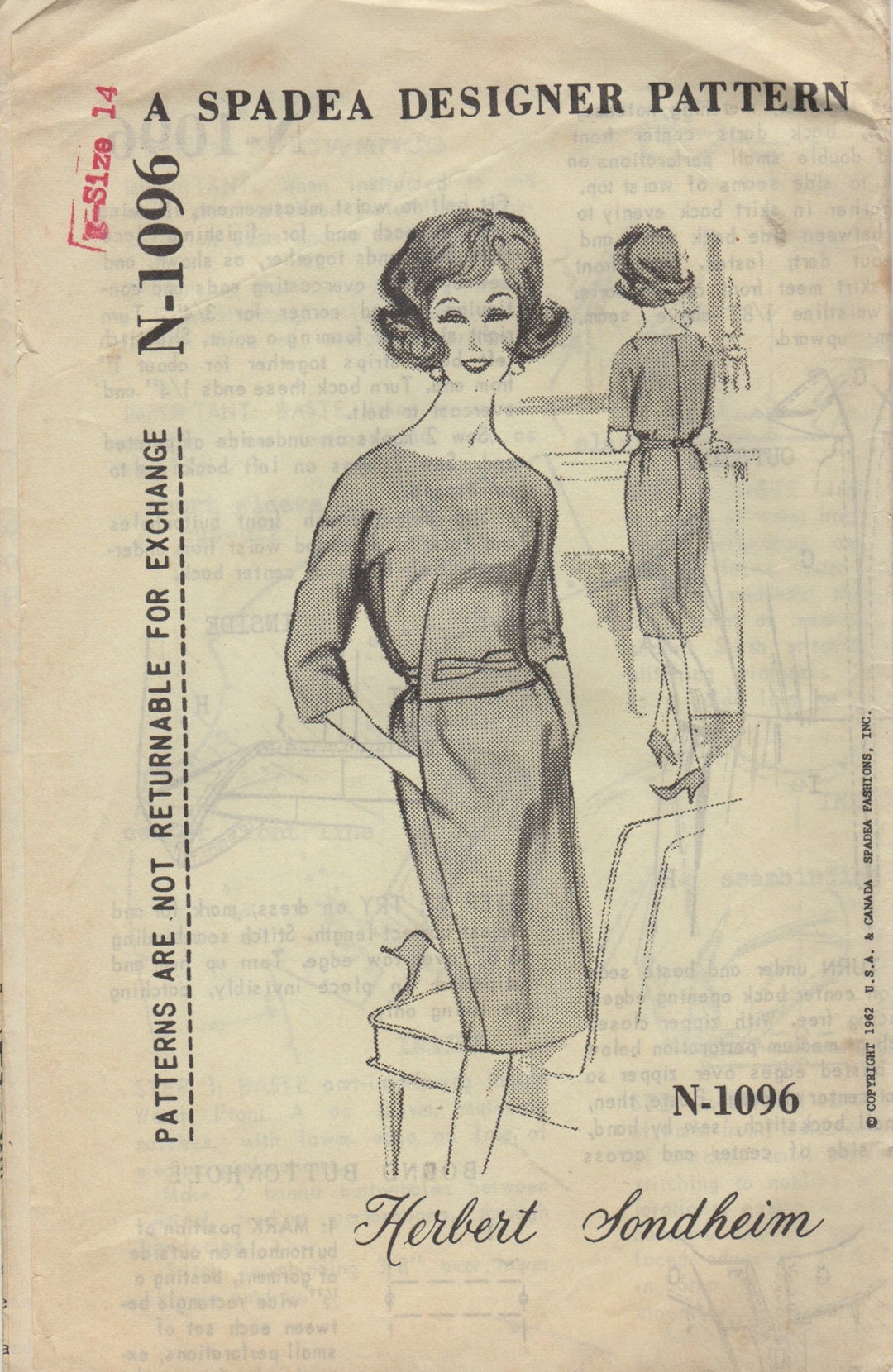 Bust 36 1/2-FACTORY FOLDED 1962 Misses' Dress Spadea Designer Pattern ...