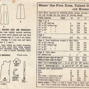 Bust 34-1960's Misses' One-piece Dress, Unlined Coat and Housecoat ...