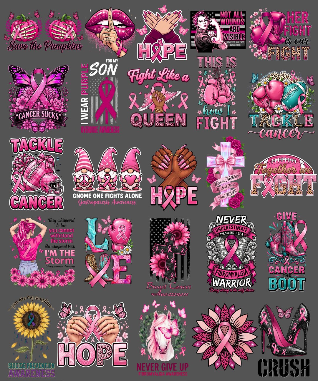 Breast Cancer Awareness PNG Bundle, Pink Ribbon Sublimation Designs ...