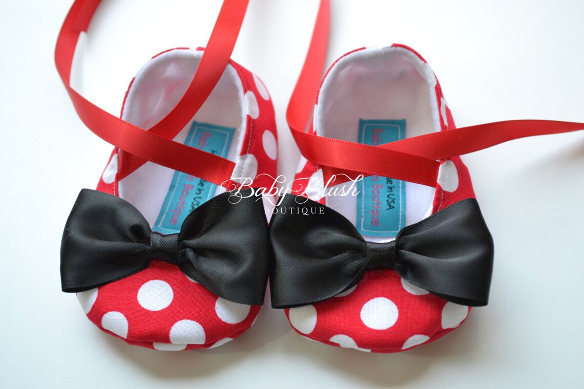 Minnie Inspired Red Polka Dot Baby Shoes With Black Bow Soft - Etsy