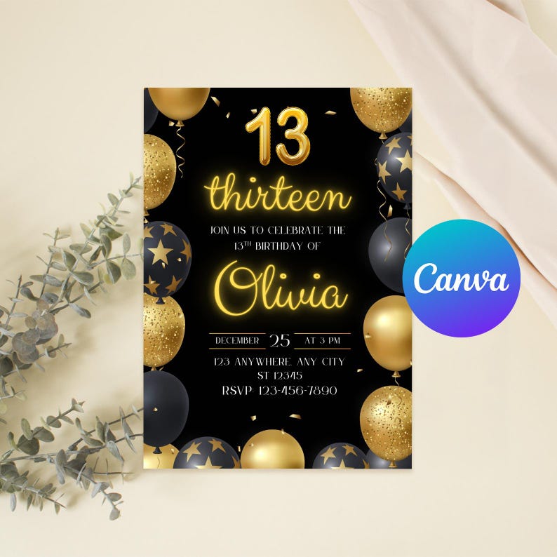Editable 13th Birthday Invitation Template Black & Gold | Thirteen ...