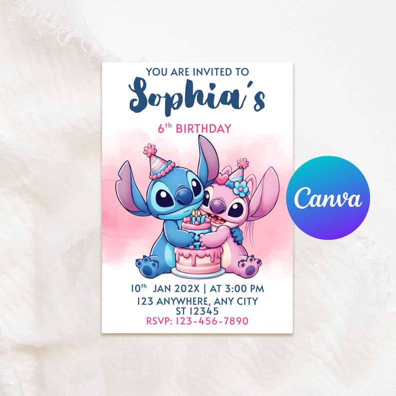 Stitch and Angle Kid Birthday Invitation Digital | Watercolour Editable ...