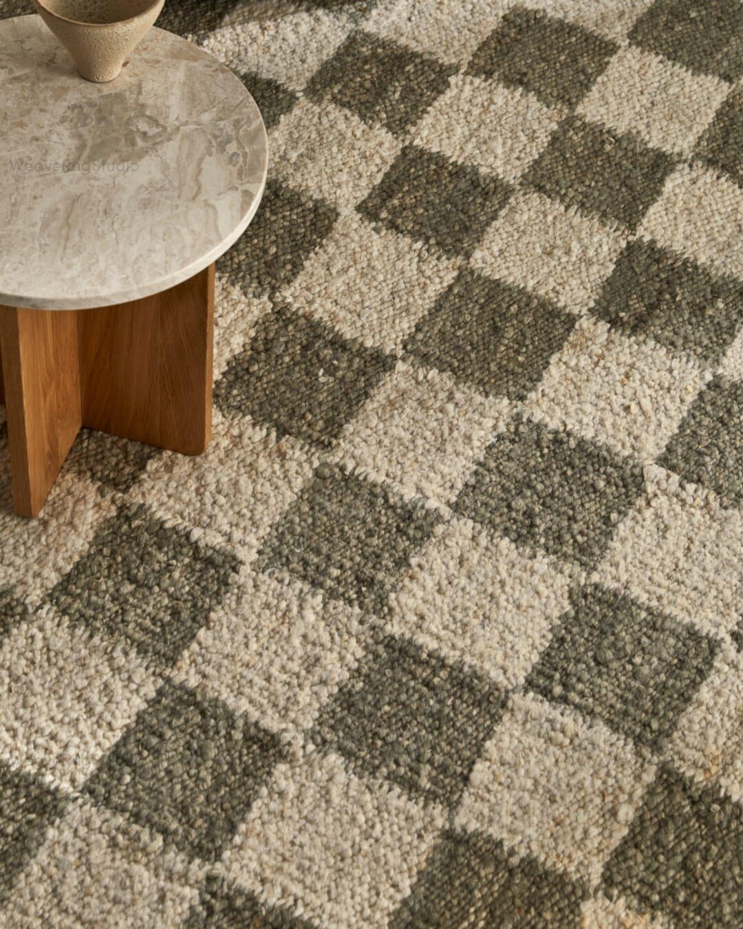 Olive Green Handwoven Flatweave Ivory Checkered Wool Rug Minimal ...
