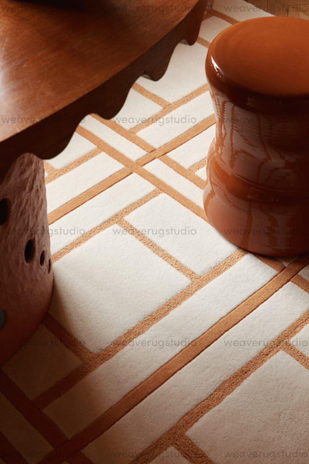 Hand Tufted Cream and Tan Grid Pattern Wool Area Rug Modern Geometric ...