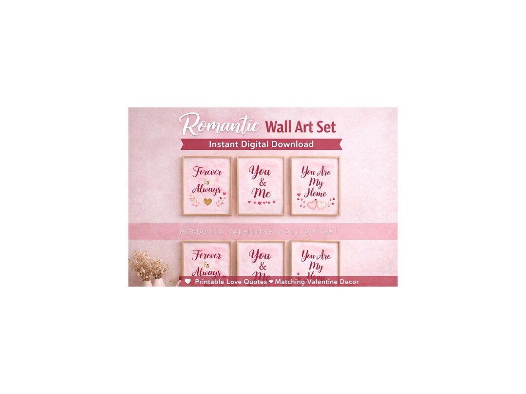 Romantic Valentine Wall Art Set, Love Quotes, Pink Decor (instant ...