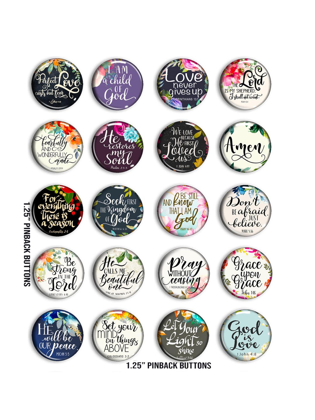 Floral Christian Button Set, Bible Verse Pinback Buttons, Faith ...