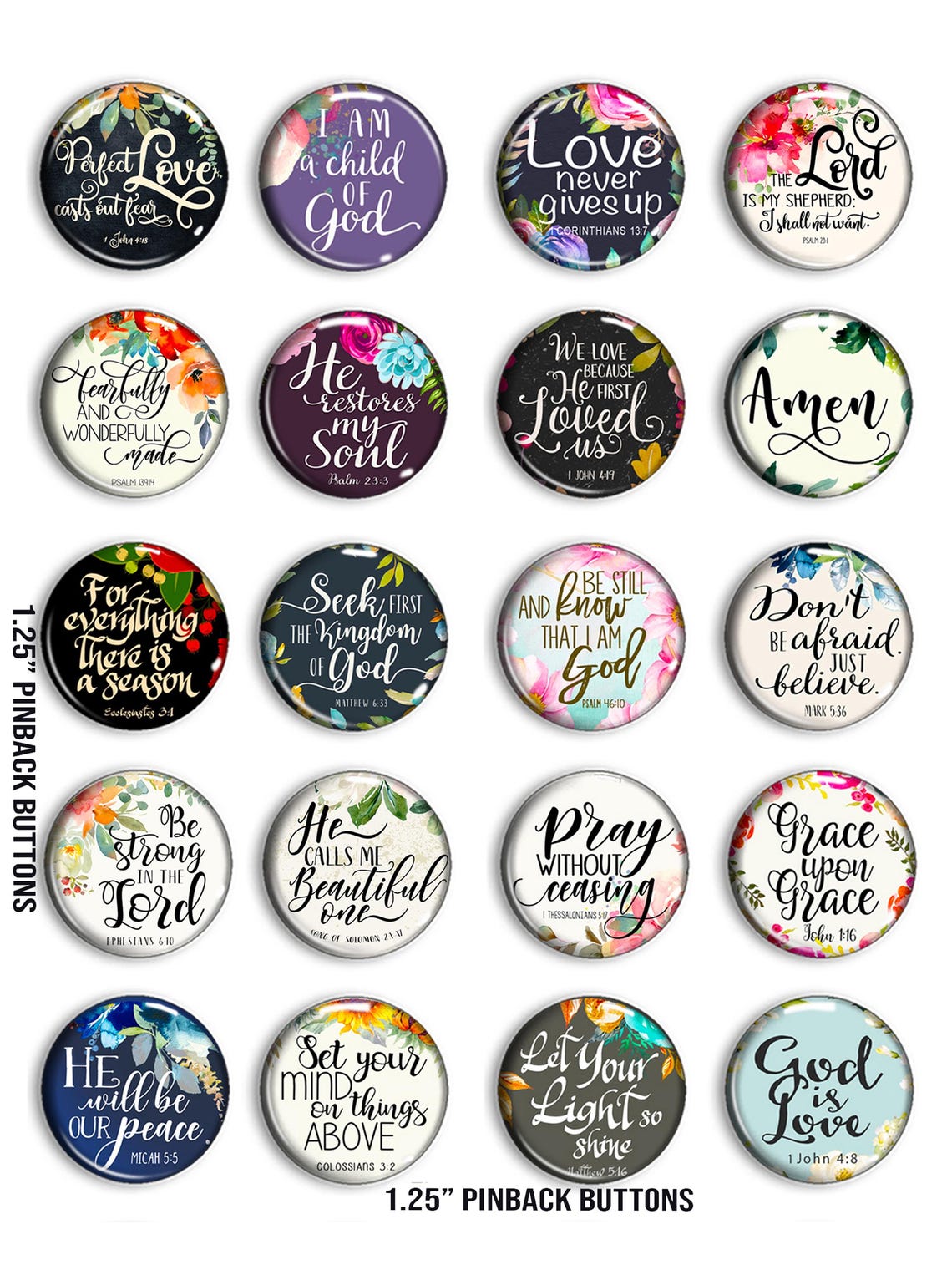 Floral Christian Button Set, Bible Verse Pinback Buttons, Faith ...