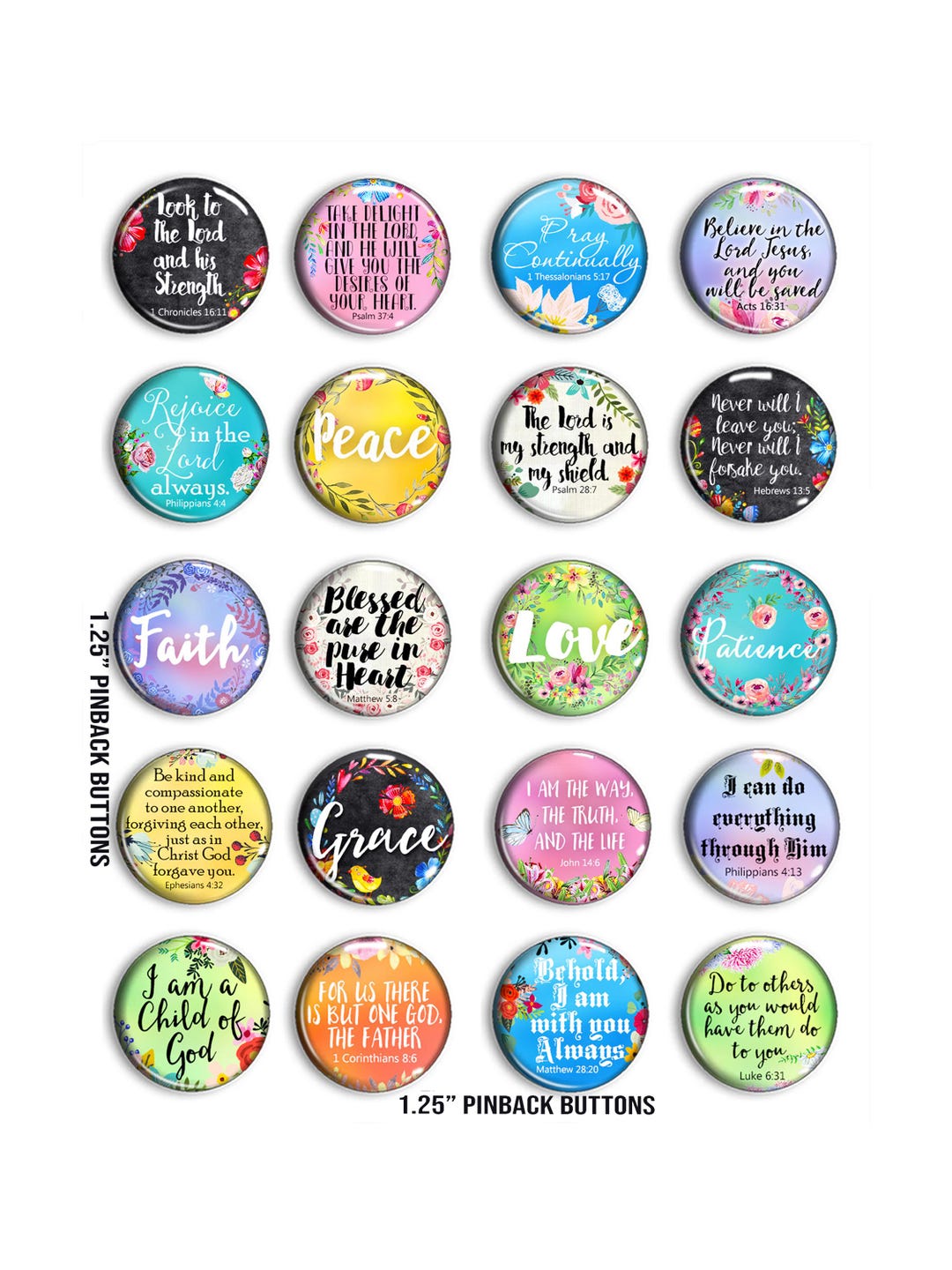 Faith Button Set, 20 Bible Verse Pinback Buttons, Christian Faith Pins ...