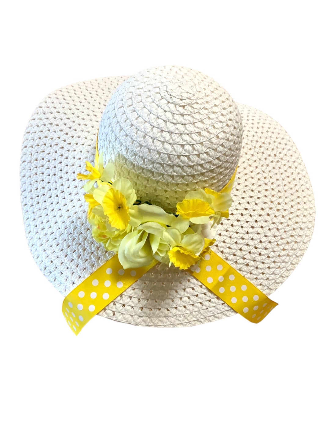 Wide Brimmed Floppy White Hat Vintage Yellow Polka Dot Band OSFM - Etsy