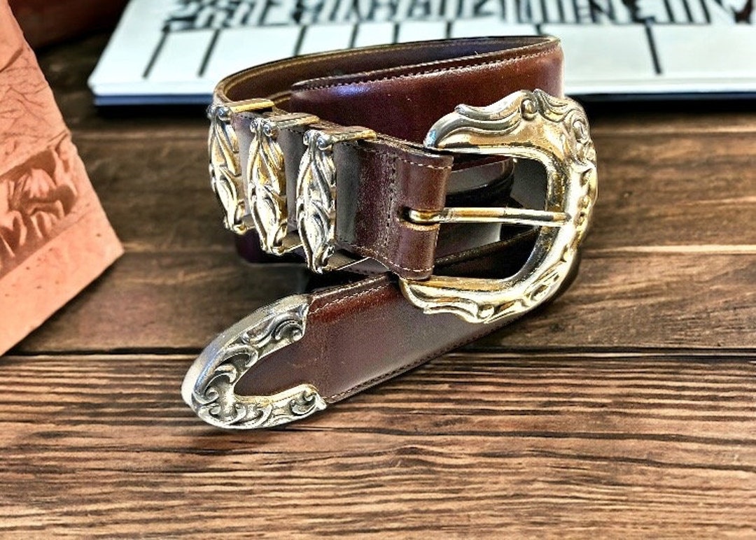 Brown Western Belt Size XL Leather Belt 32 36 Waist Scrolled Buckle ...