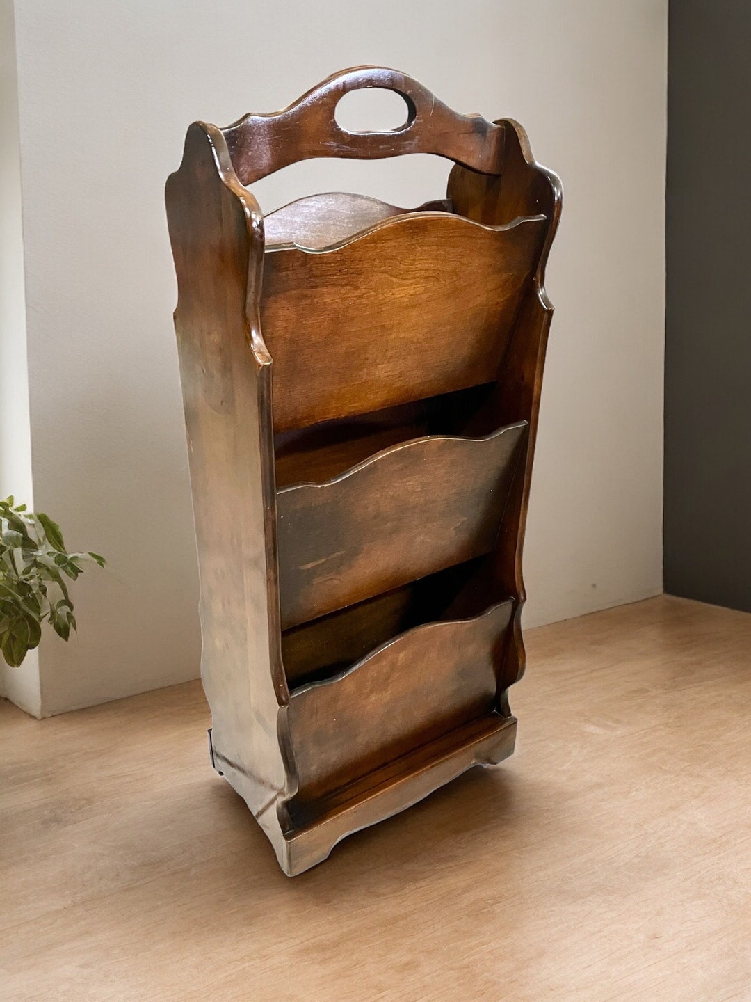 Vintage Dark Wood 3 Tier Magazine Rack Ladder Style 32 Three Pocketed ...