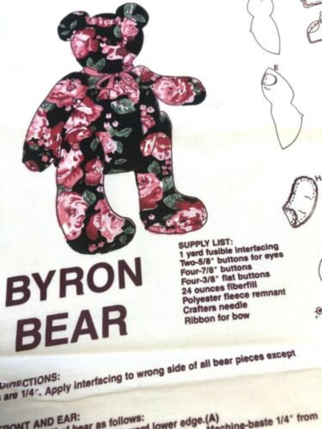 Byron Teddy Bear Cotton Fabric Panel Black With Roses Cut and Sew ...