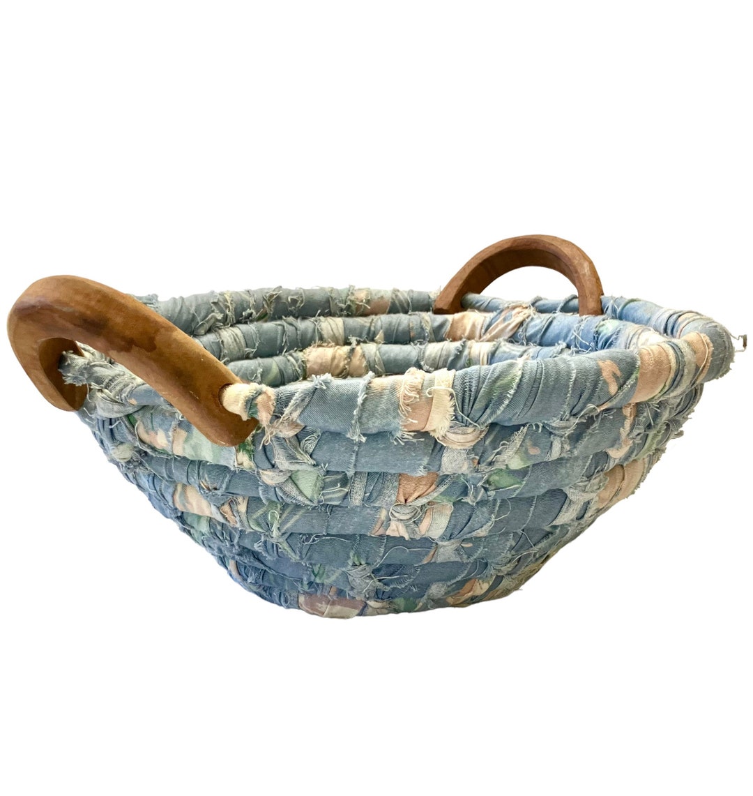 Vintage Coiled Cotton Basket Rag Fabric Hand Woven Pastel Farmhouse 15 ...