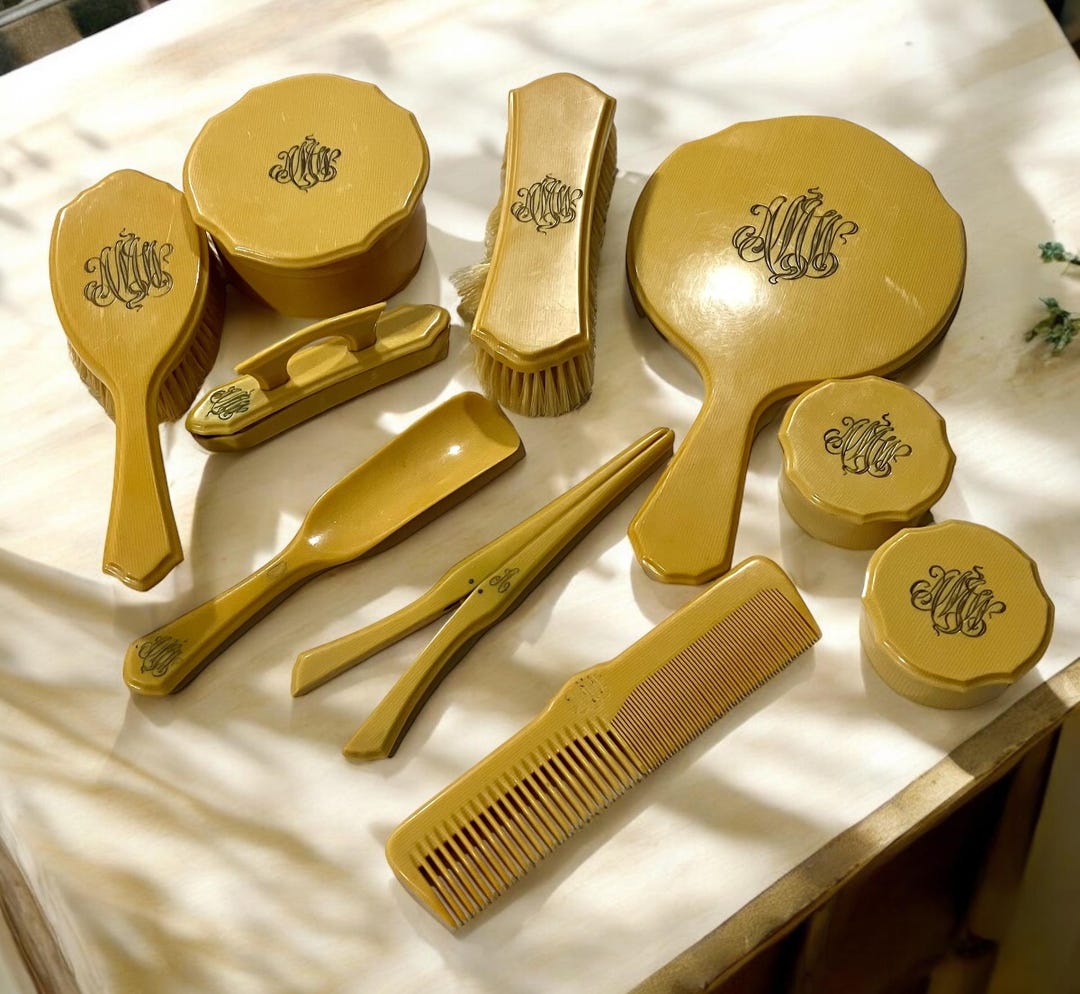Vintage 10 Piece Celluloid Art Deco Vanity Set French Ivory Pyralin Du ...