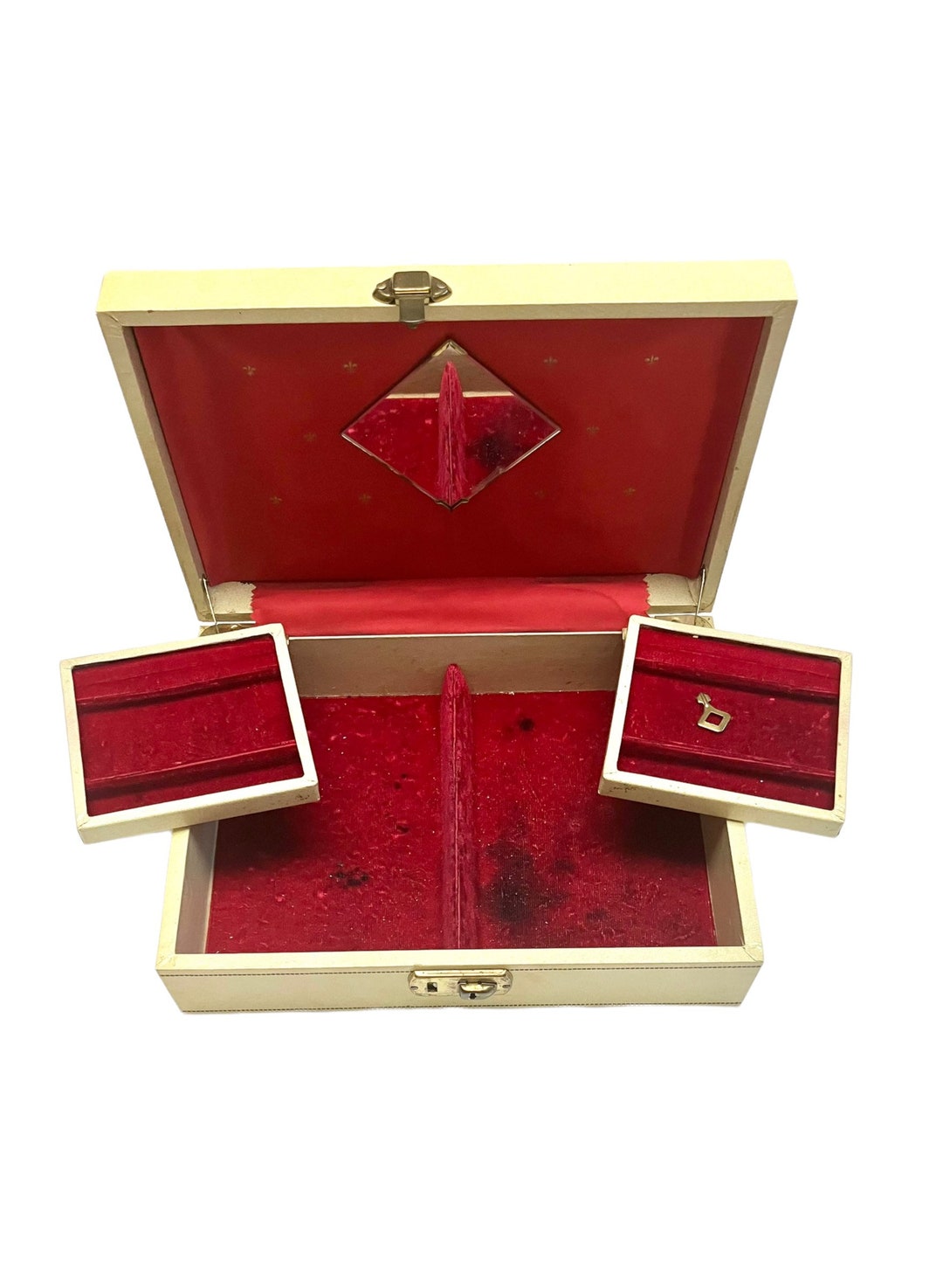 Jewelry Box With Key Large 1950s Flip Out Drawers Original Mirror ...