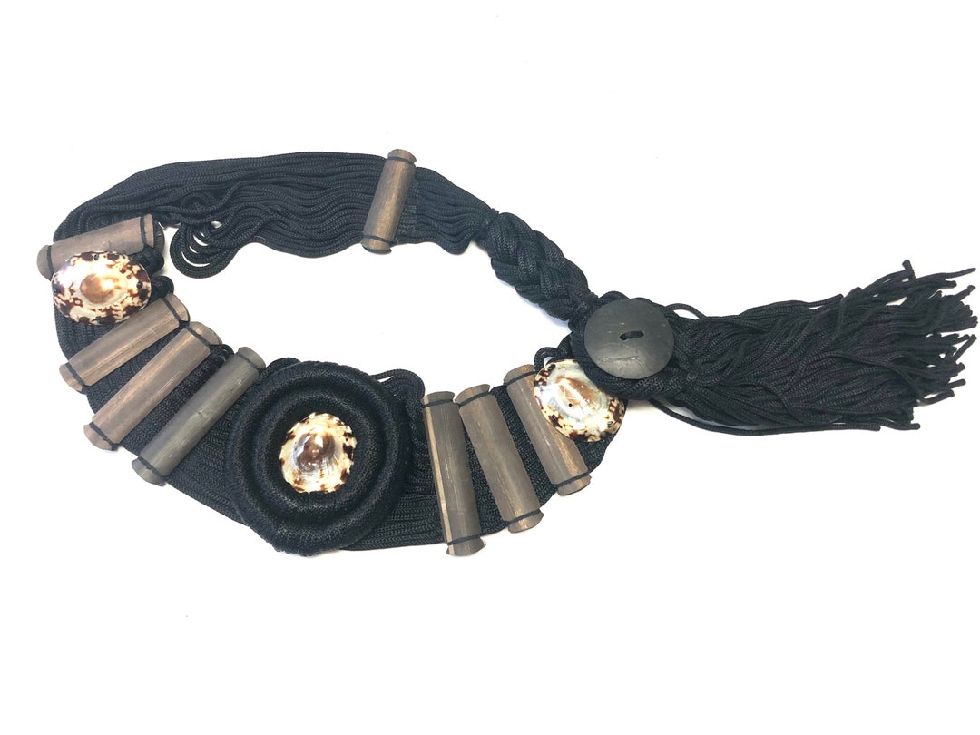 Wide Black Belt With Shells and Tassel Fringe Size Small - Etsy
