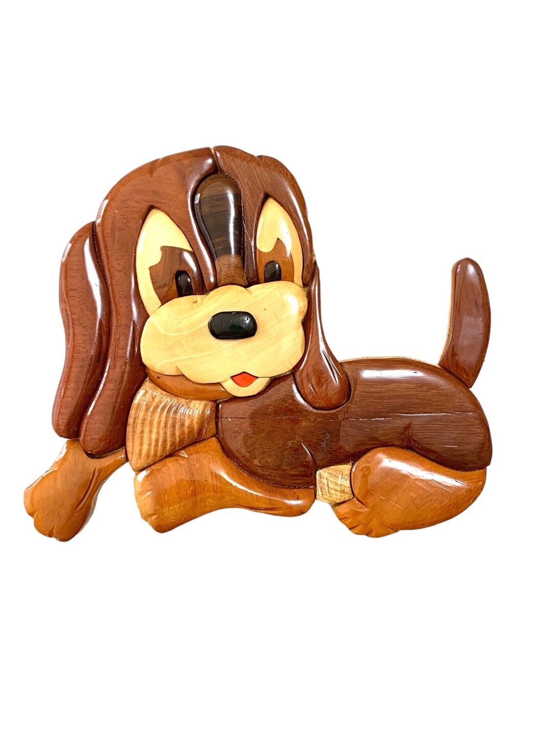 Vintage Intarsia Wood Puppy Dog Woodworking Art Wall Hanging Inlay Hand ...