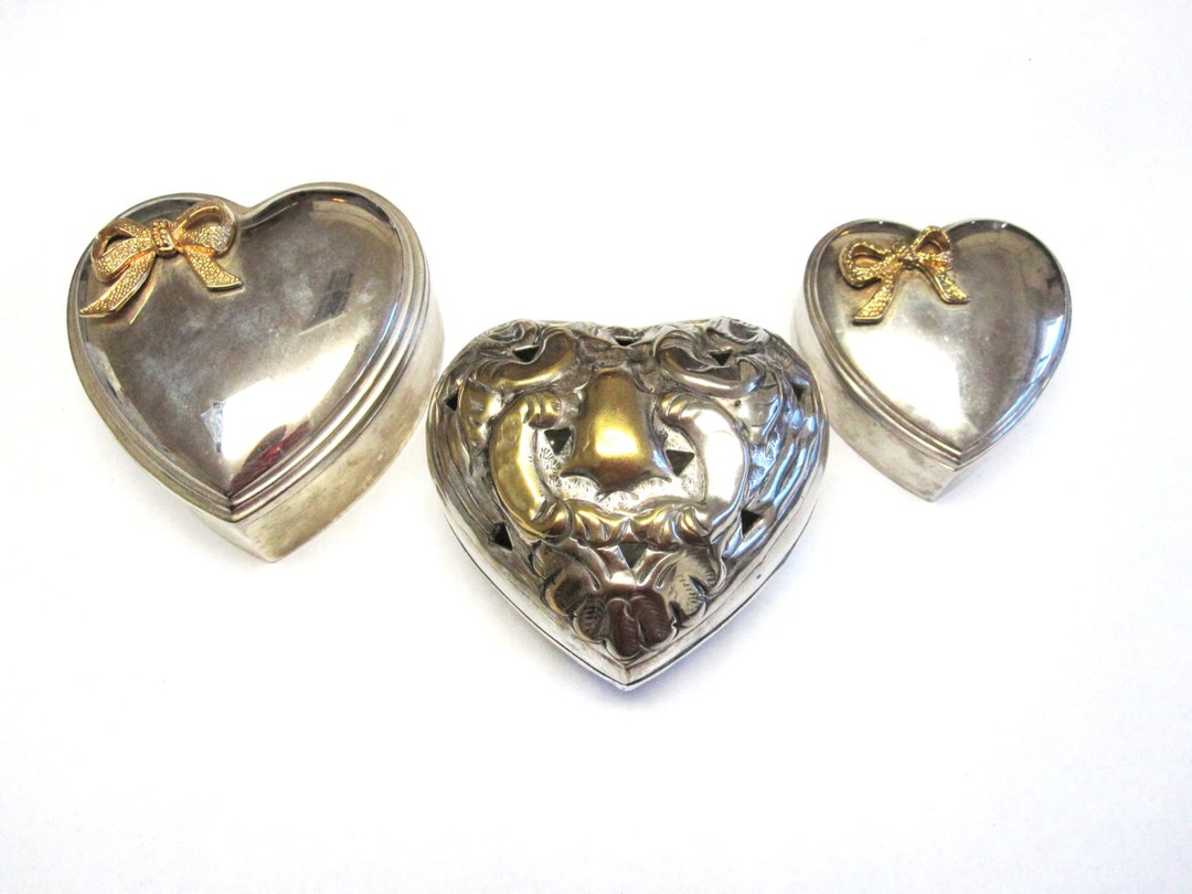 3 Silver Plate Heart Keepsake Box Trinket Set of Three Jewelry Gift ...