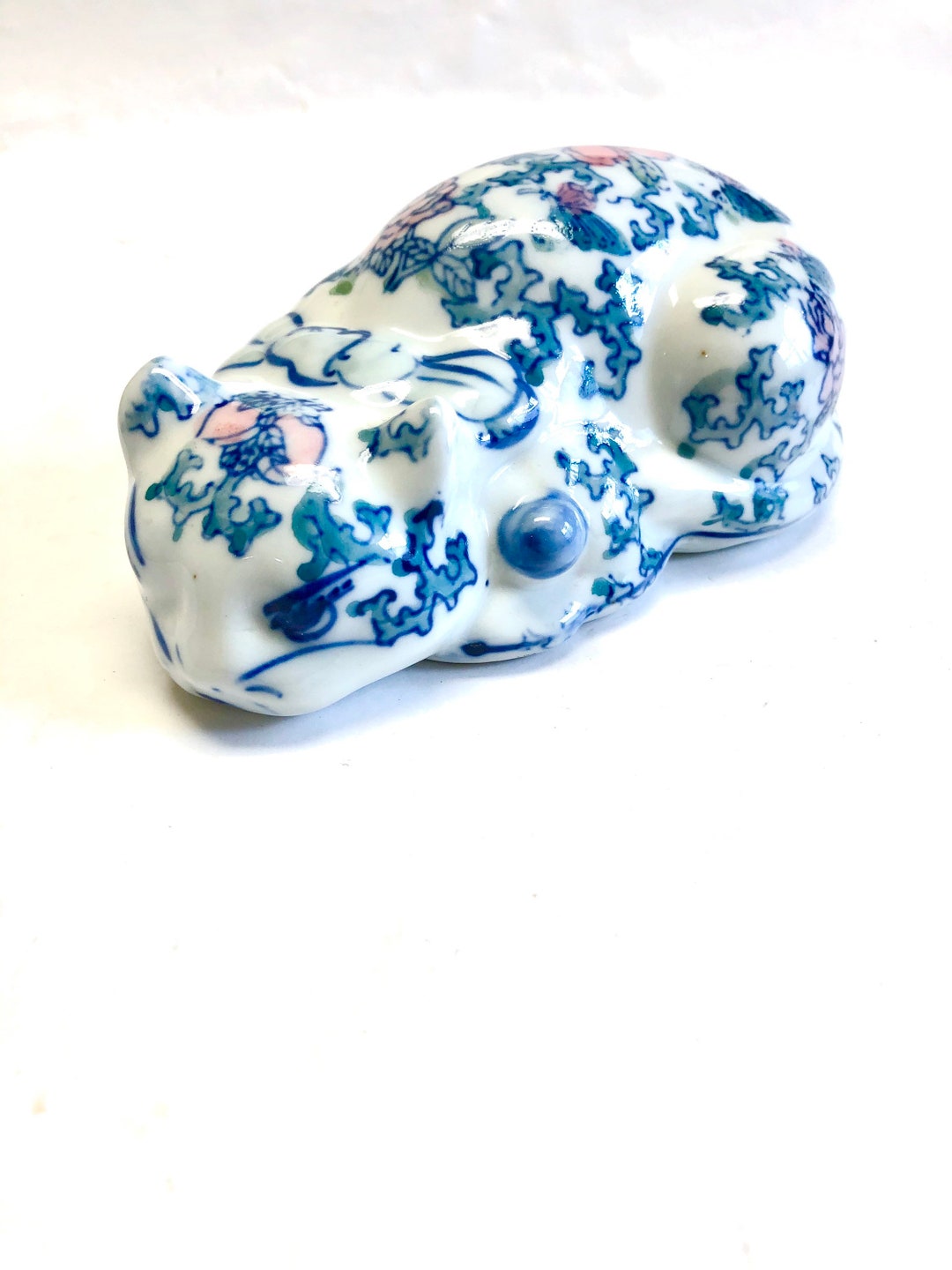 Chinoiserie Cat Blue and White Ceramic Cat Figurine Traditional Chinese ...