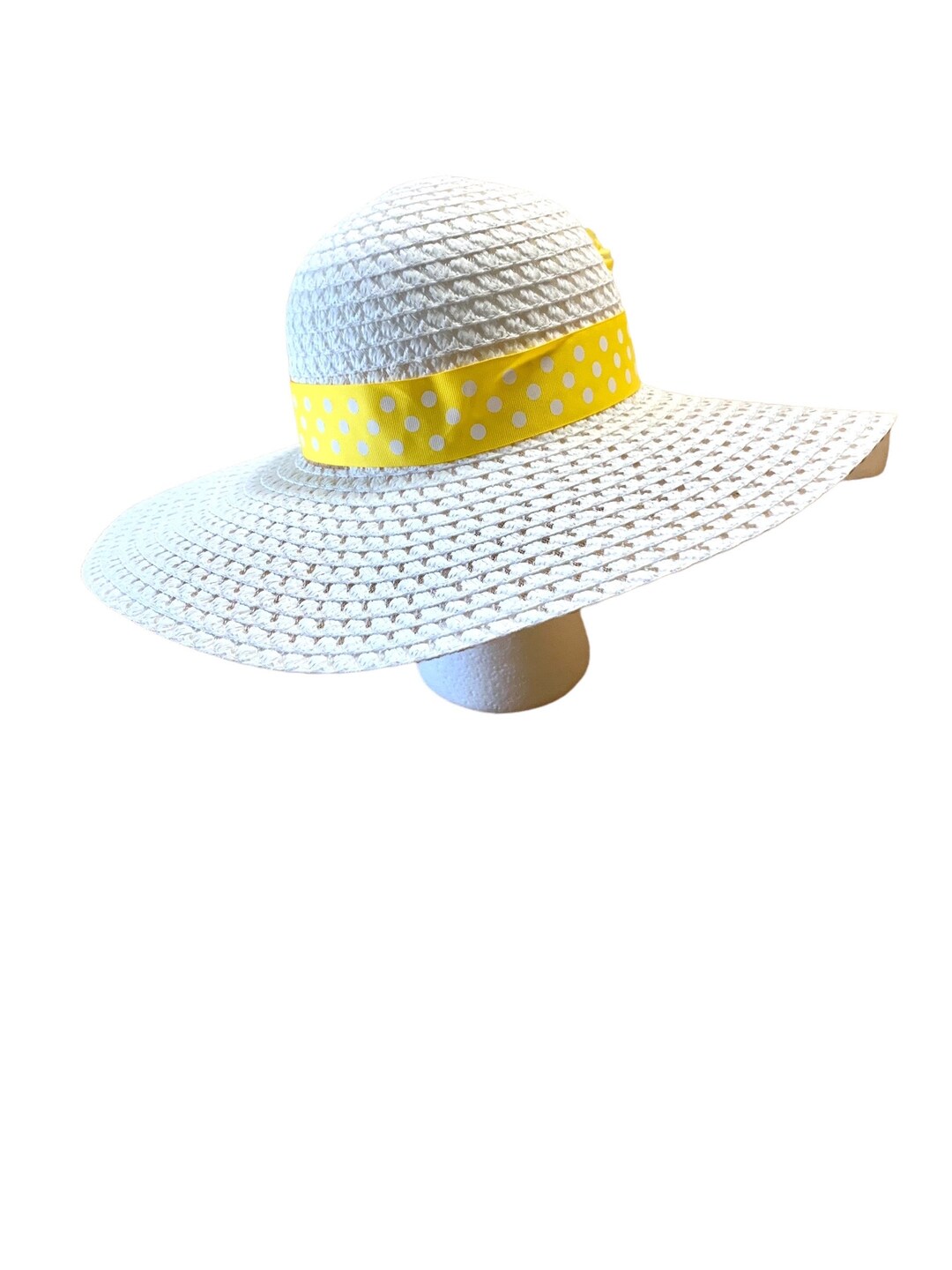 Wide Brimmed Floppy White Hat Vintage Yellow Polka Dot Band OSFM - Etsy