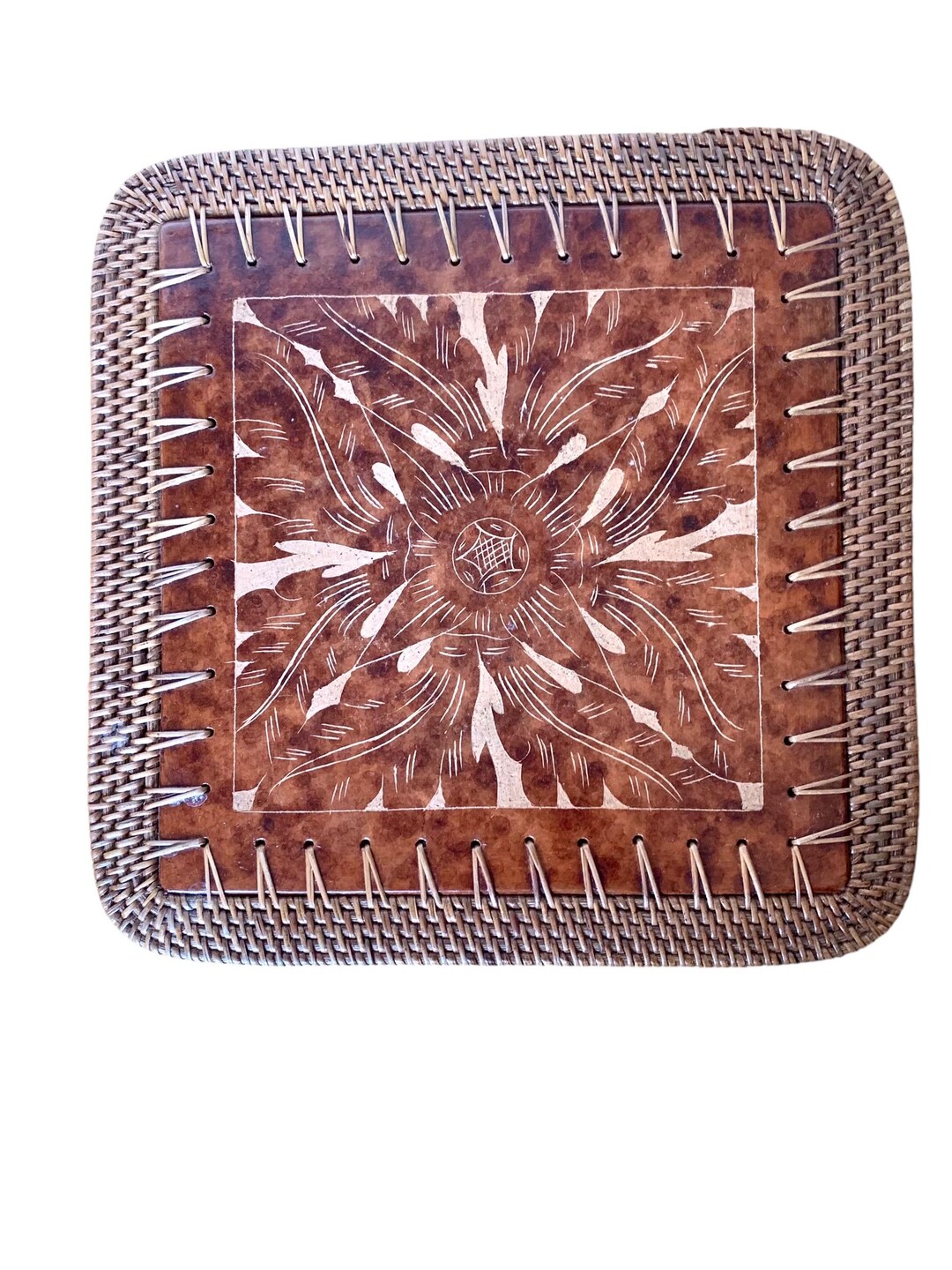 Large Trivet Tooled Leather Covered Metal W Rattan Lace Edging 10 X 10 ...
