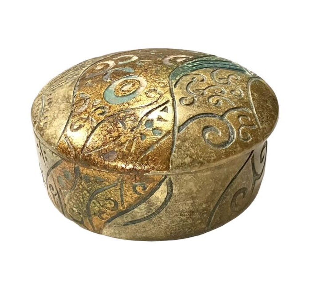 Decorative Ceramic Round Trinket Box Jar Aged Gold Green Ornate Lidded ...