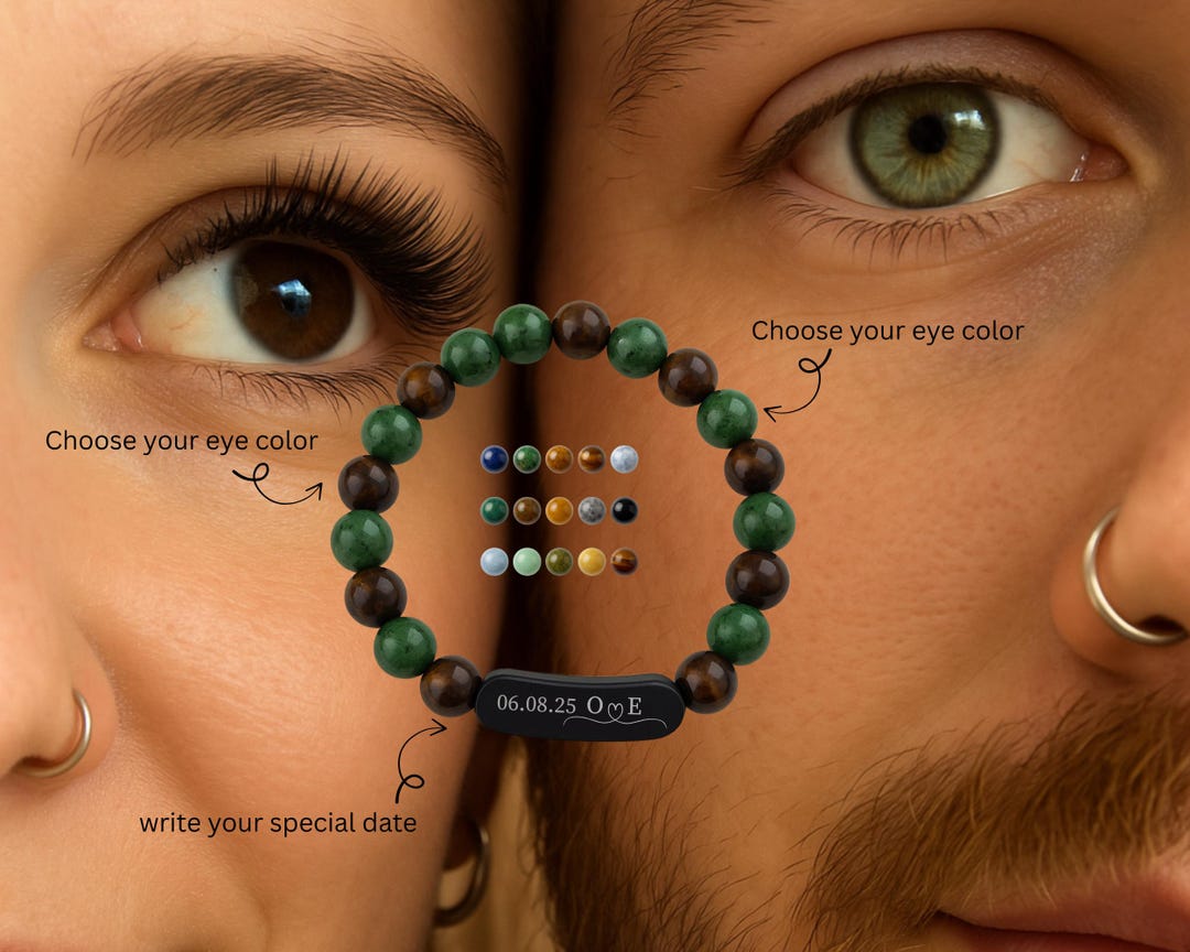 Matching Couple Bracelets, Eye Color Beads, Custom Engraved Initials ...