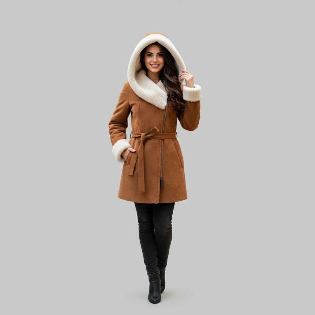 Handmade Turkish Shearling Coat, Genuine Suede Leather Hooded Overcoat ...