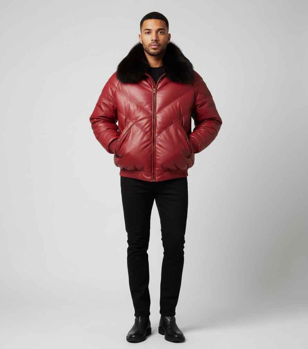 Men's Red V-bomber Original-goose-country Sheep Leather Jacket, Men ...