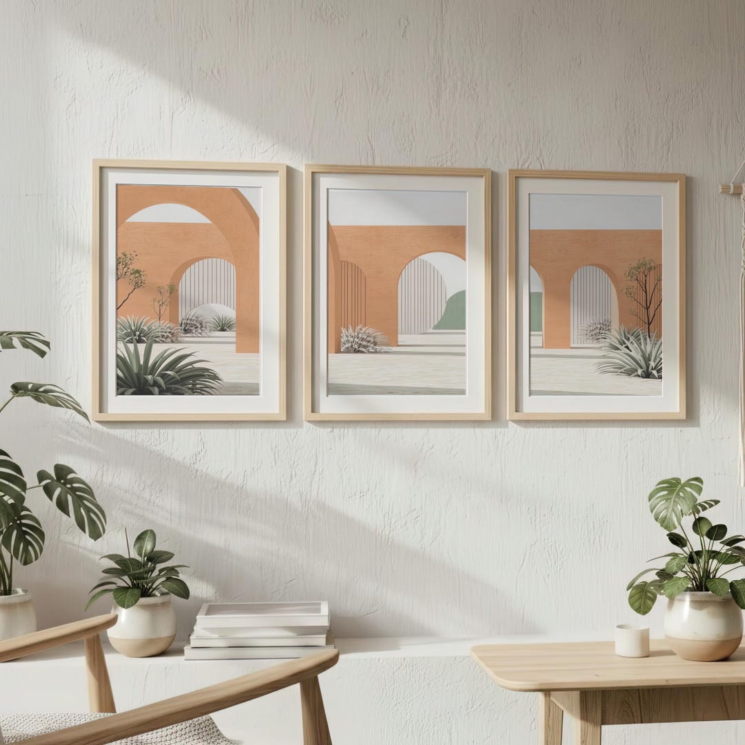 Bohemian Architecture Triptych Wall Art | Mediterranean Patio & Arches ...