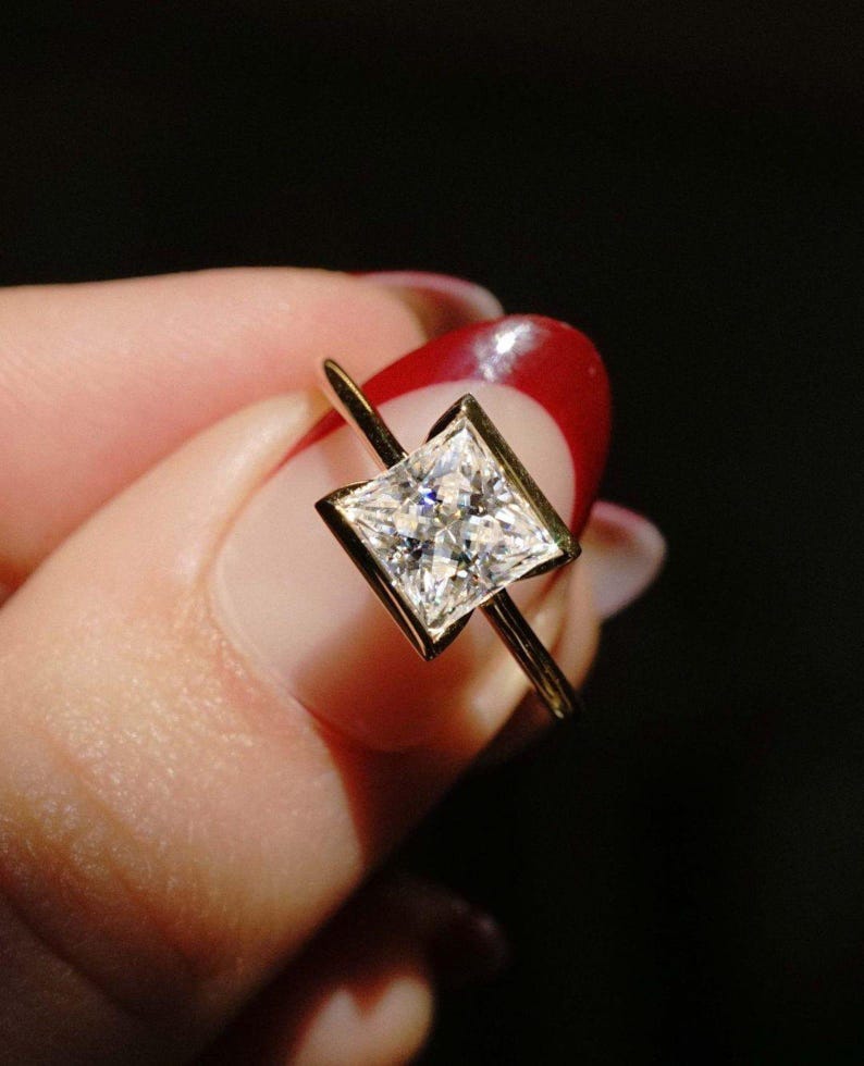 Princess Cut Half Bazel ,solitaire Princess Ring Moissanite Diamond ...