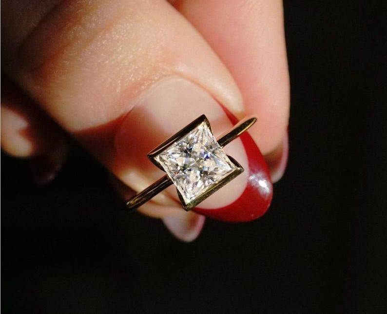 Princess Cut Half Bazel ,solitaire Princess Ring Moissanite Diamond ...