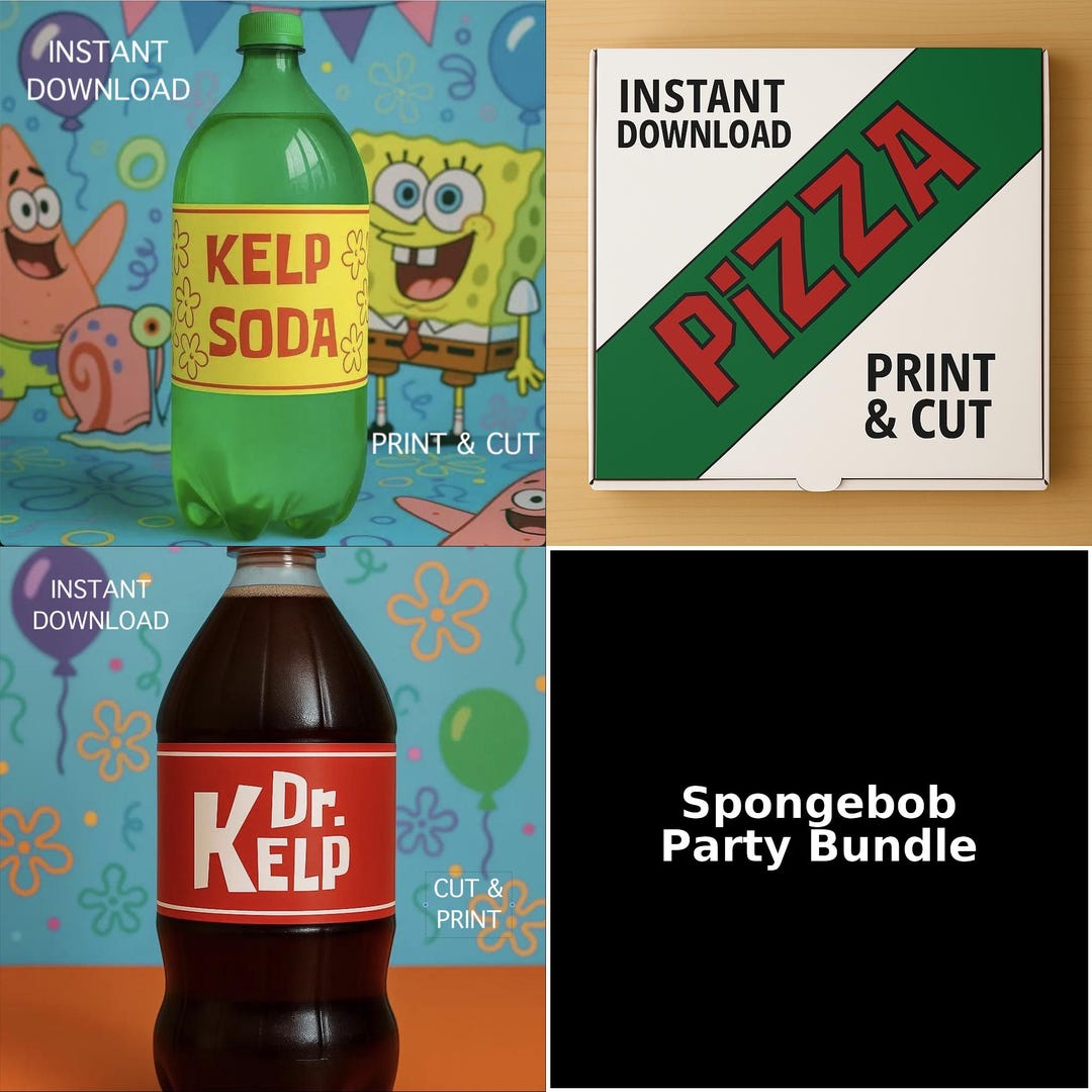 SpongeBob Party Bundle • Kelp Soda Label, Krusty Krab Pizza Box zum ...