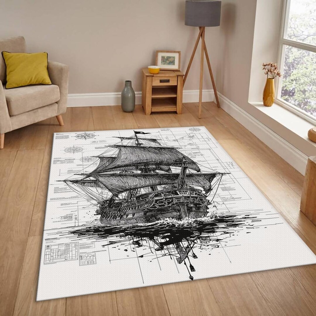 Vintage Pirate Ship Rug, Nautical Sketch Art | Black and White Boat ...