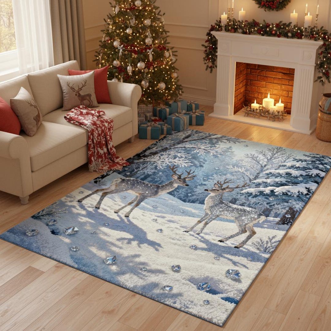 Magical Winter Rug, Snowy Forest Deer Carpet | Fantasy Holiday Decor ...