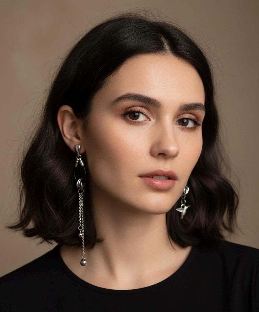 Asymmetrical Mono Earring, Black Accent, Dangle Chain - Etsy