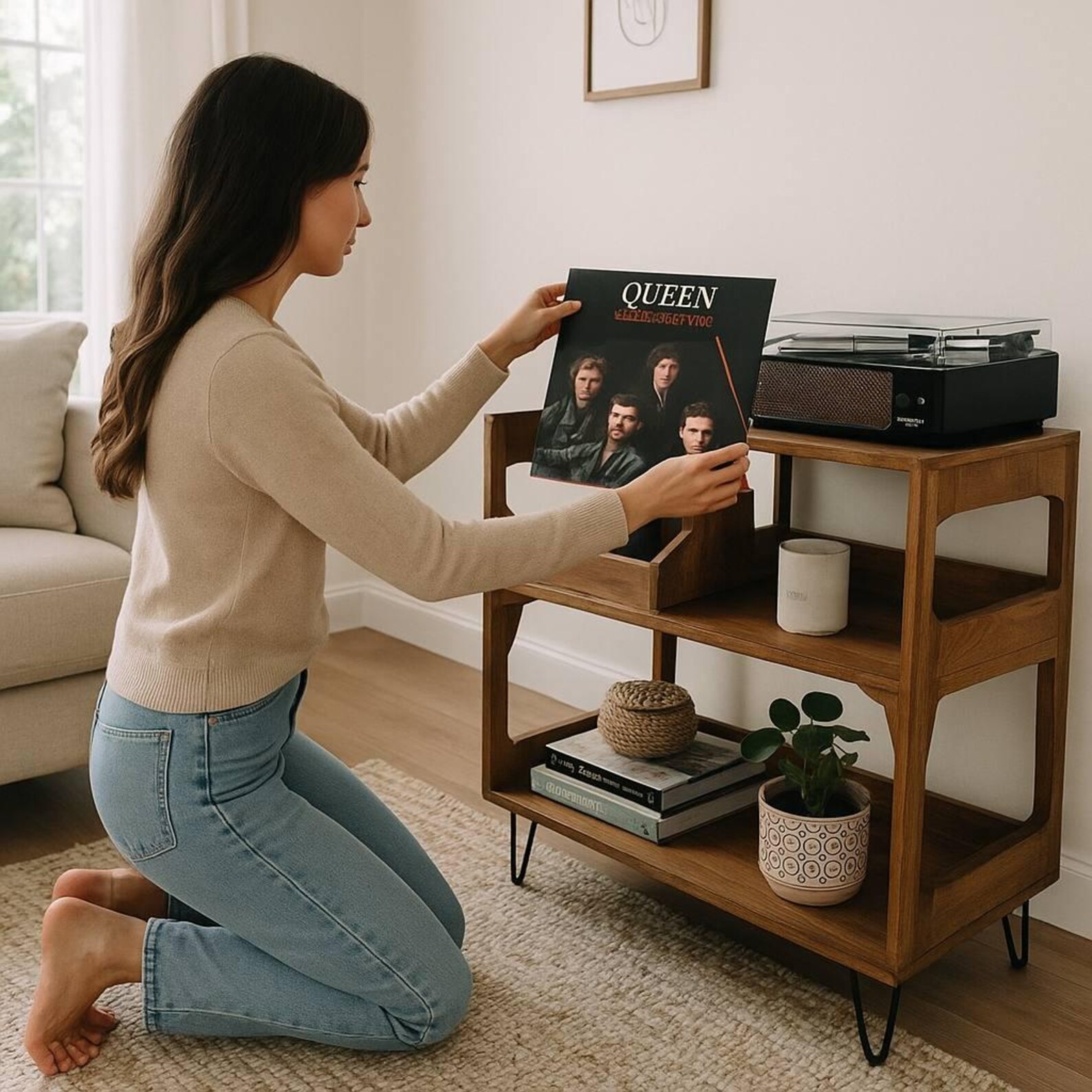 Large Modern Record Player Stand With Vinyl Storage – Mid Century ...