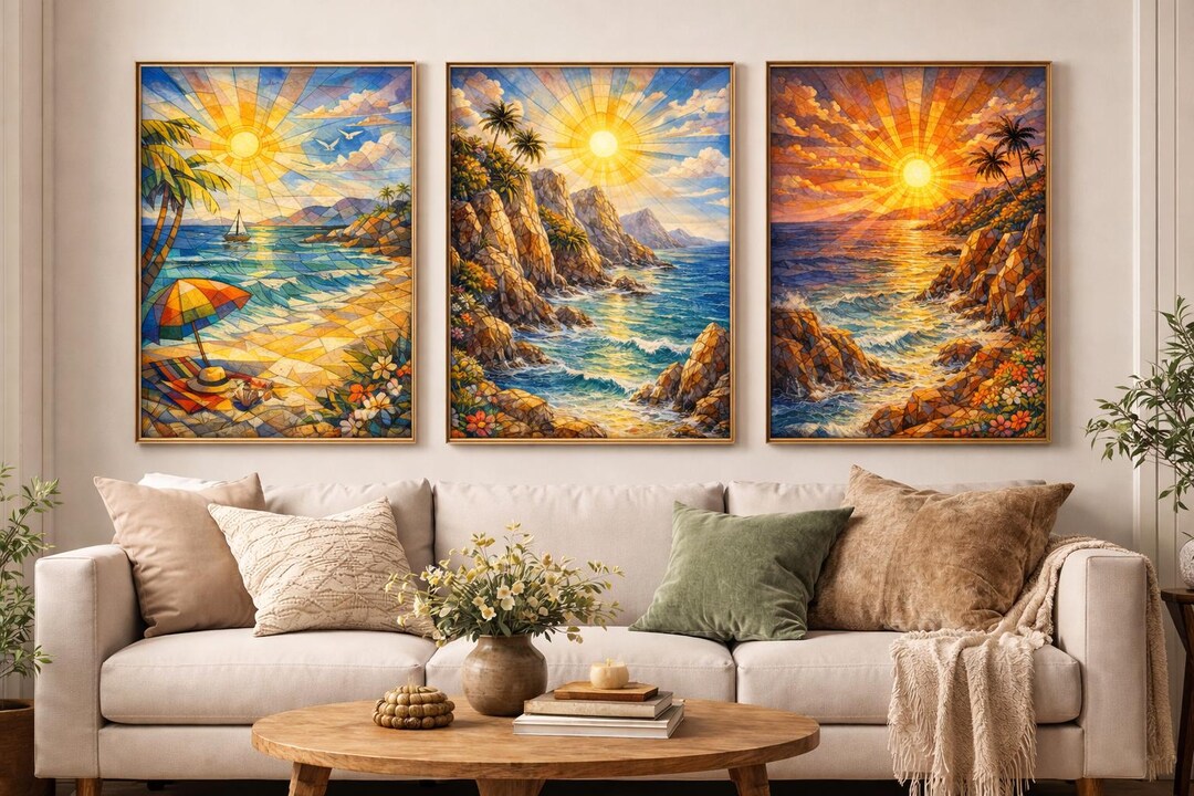 Cubist Coastal Wall Art Set of 3 | Modern Beach, Cliffs and Sunset ...