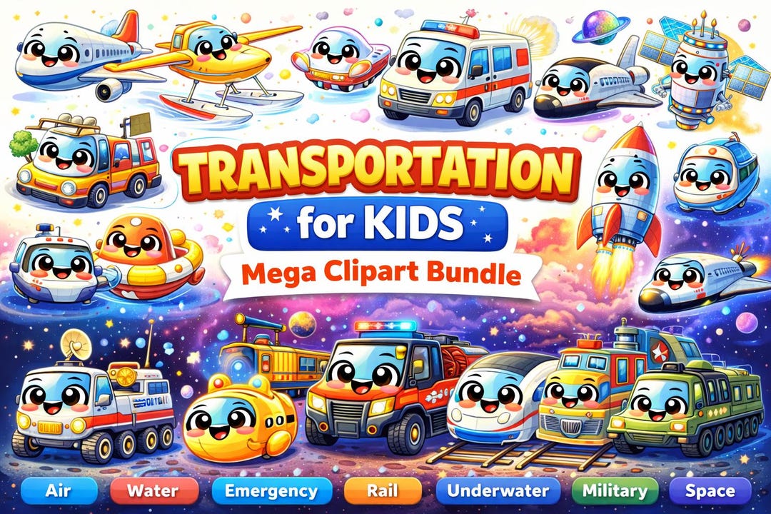 Transportation Clipart Bundle for Kids | Cute Cartoon Vehicles PNG ...