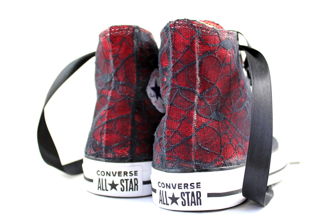 Black Lace High Top Converses Handmade--red Bridal Converses -dark Side ...