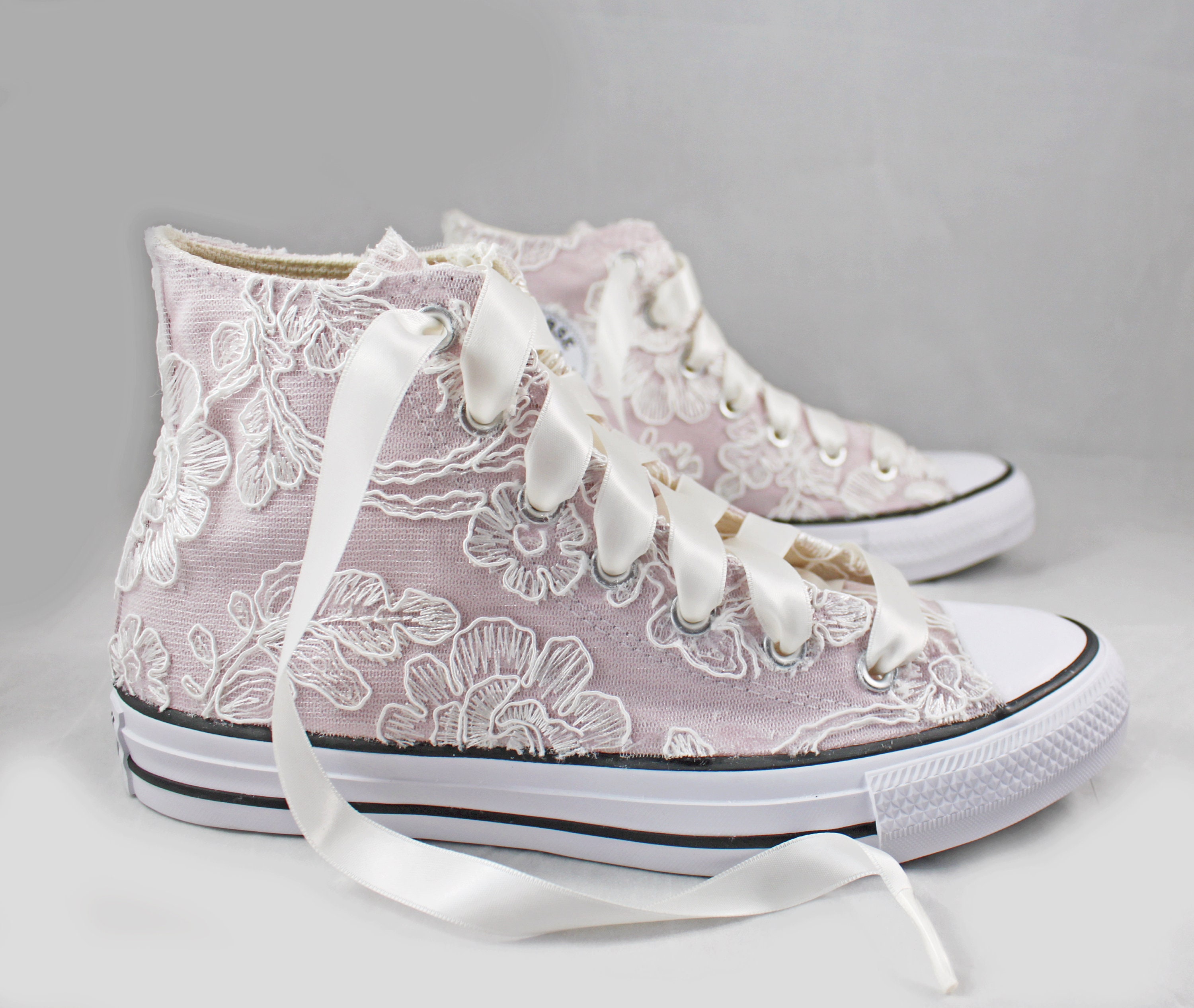 SALE Size 10 Blush Bridal Converses Hightops With Floral Ivory Lace SALE Size 10 Blush Bridal Converses Hightops With Floral Ivory Lace