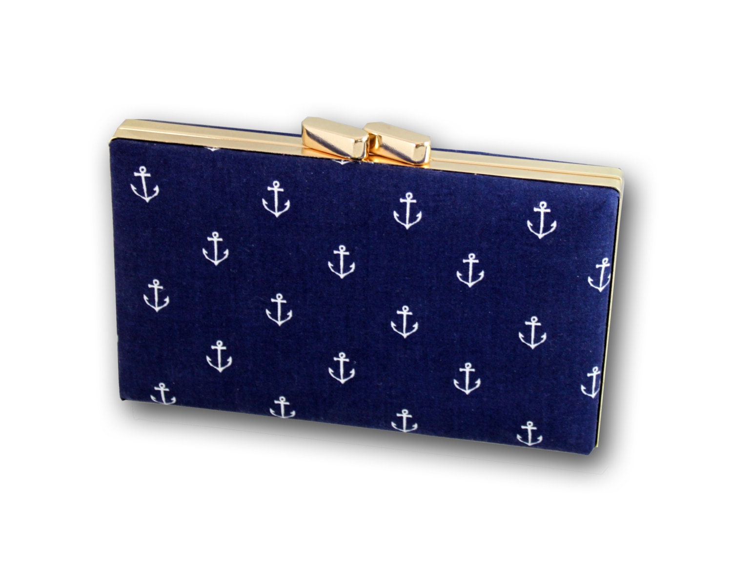 Navy blue box clutch with white anchors