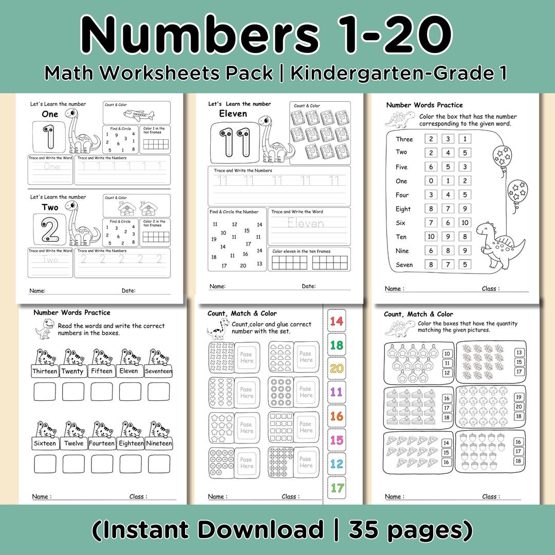 Numbers 1–20 Worksheets | Counting, Tracing, Coloring, Matching ...