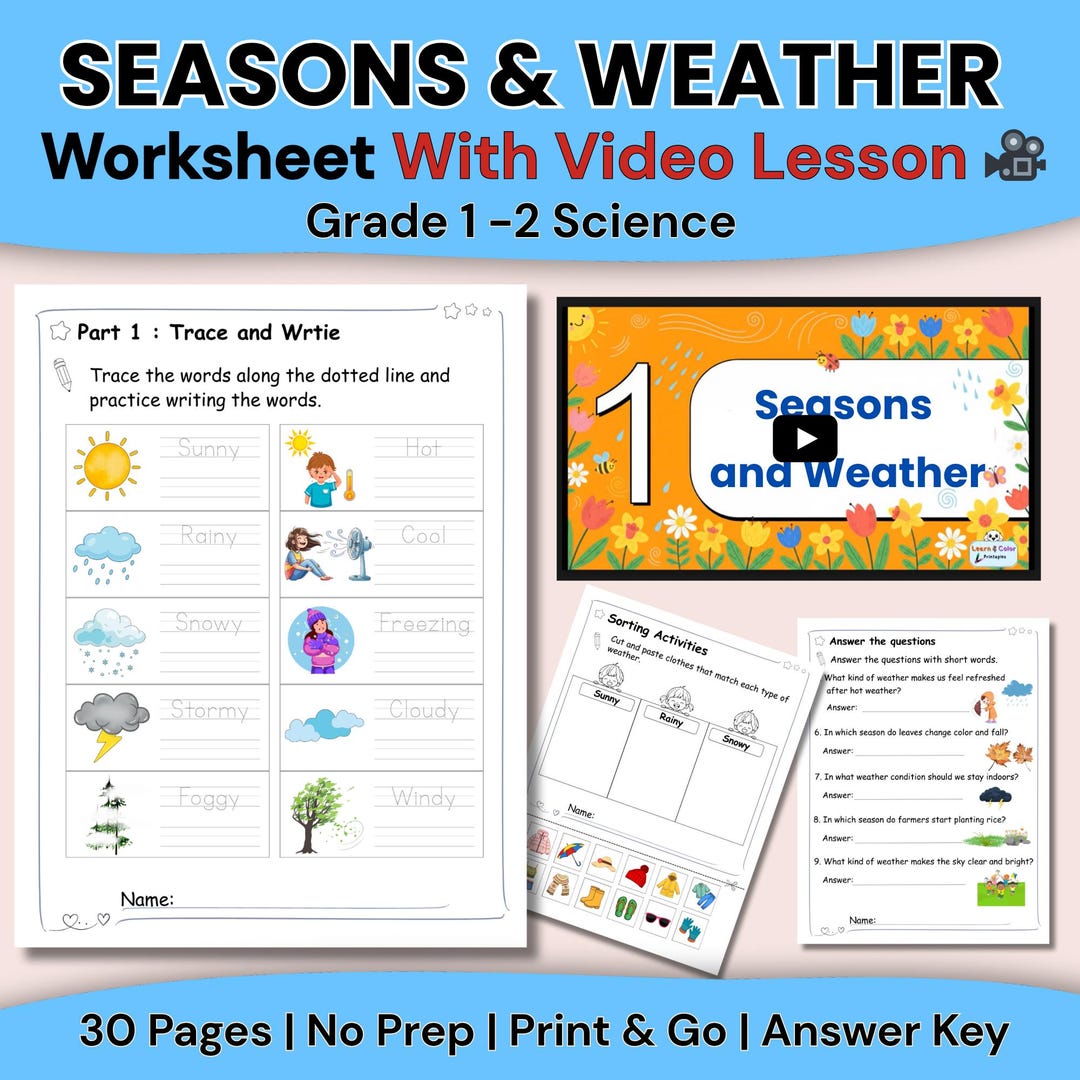 Seasons and Weather Worksheets With Video Lesson | 1st 2nd 3rd Grade ...