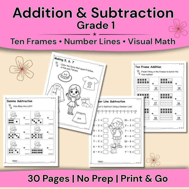 Addition and Subtraction Worksheets Grade 1 | Ten Frames, Number Lines ...