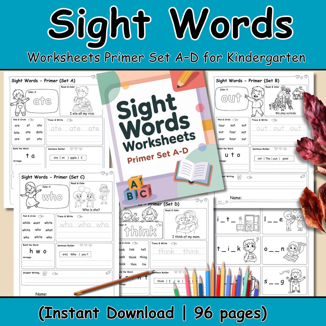 Sight Words Worksheets Primer Set A-D – Kindergarten Literacy (PDF) - Etsy