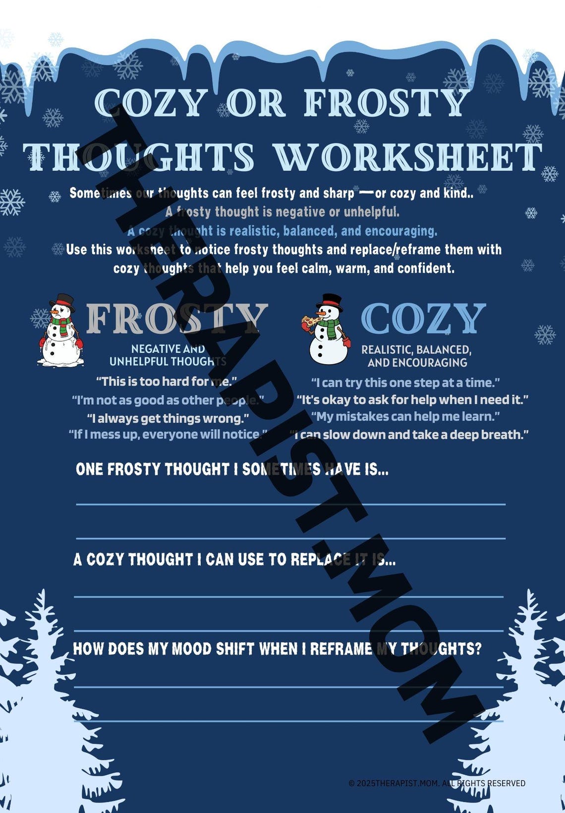 Winter CBT Worksheet | Thought Reframing for Kids (PDF) | SEL - Etsy