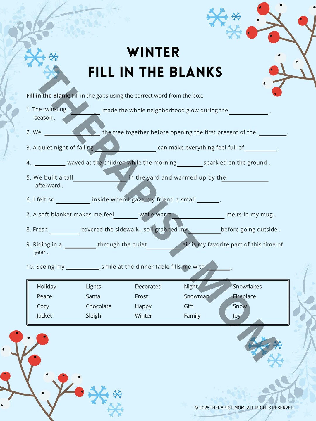 Winter Fill-in-the-blanks Worksheet • Vocabulary Activity • Printable ...