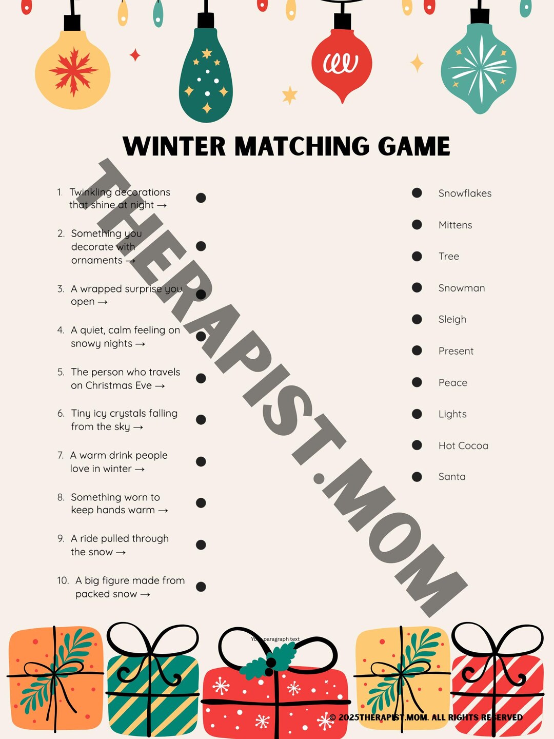 Winter Matching Game • Printable Activity • Kids Holiday Worksheet ...