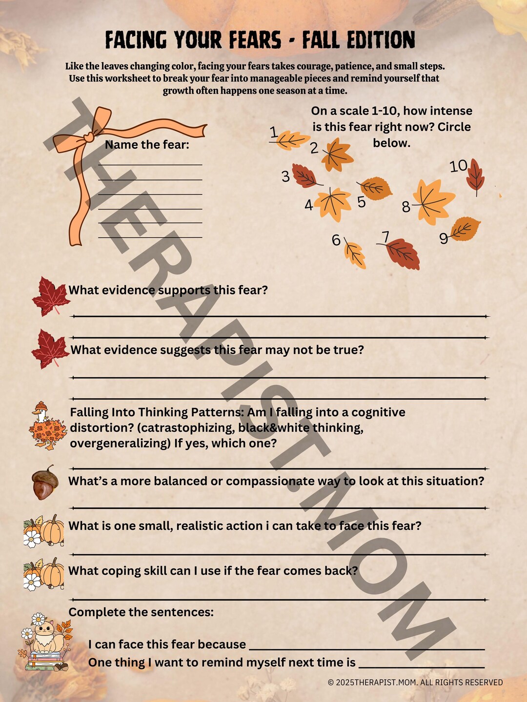 Facing Fear Worksheet Fall Edition | CBT Printable for Kids | Brave ...